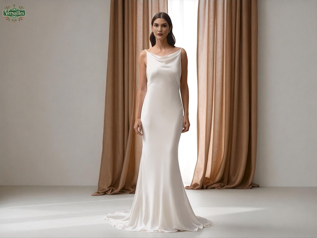 Minimalist Elegant Cowl Neck Satin Slip Wedding Dress, Modern Cowl Back ...