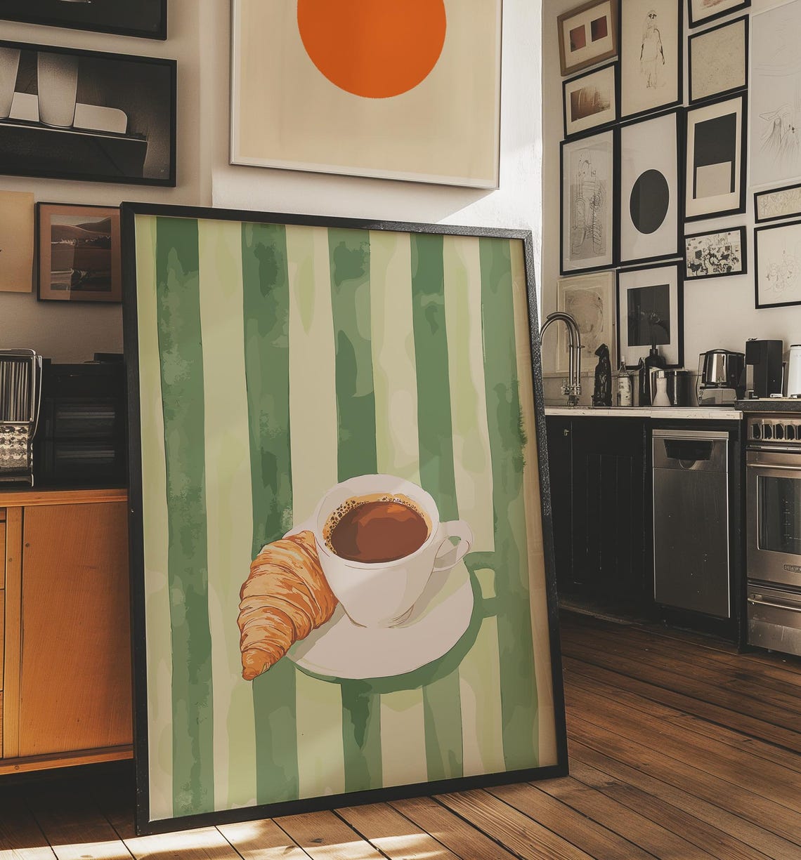 Retro Kitchen Drawing, Vintage Coffee Art, Croissant Digital Poster ...