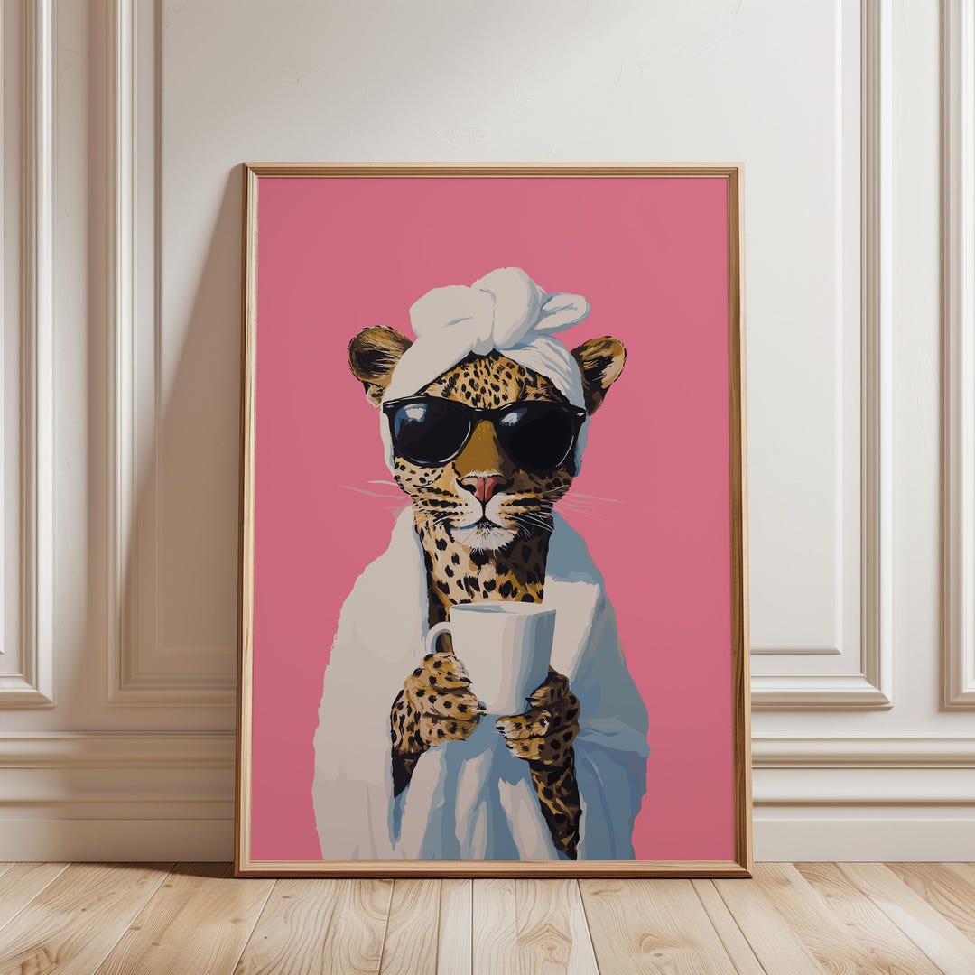 Leopard With Coffee Maximalist Print, Retro Digital Poster, Vintage Art ...