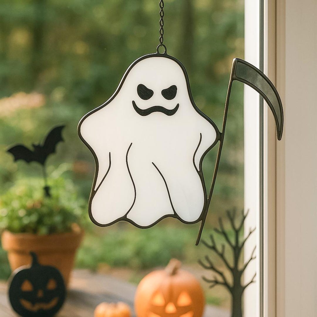 Stained Glass Ghost Suncatcher,glass Ghost With Sickle,spooky Glass Art ...