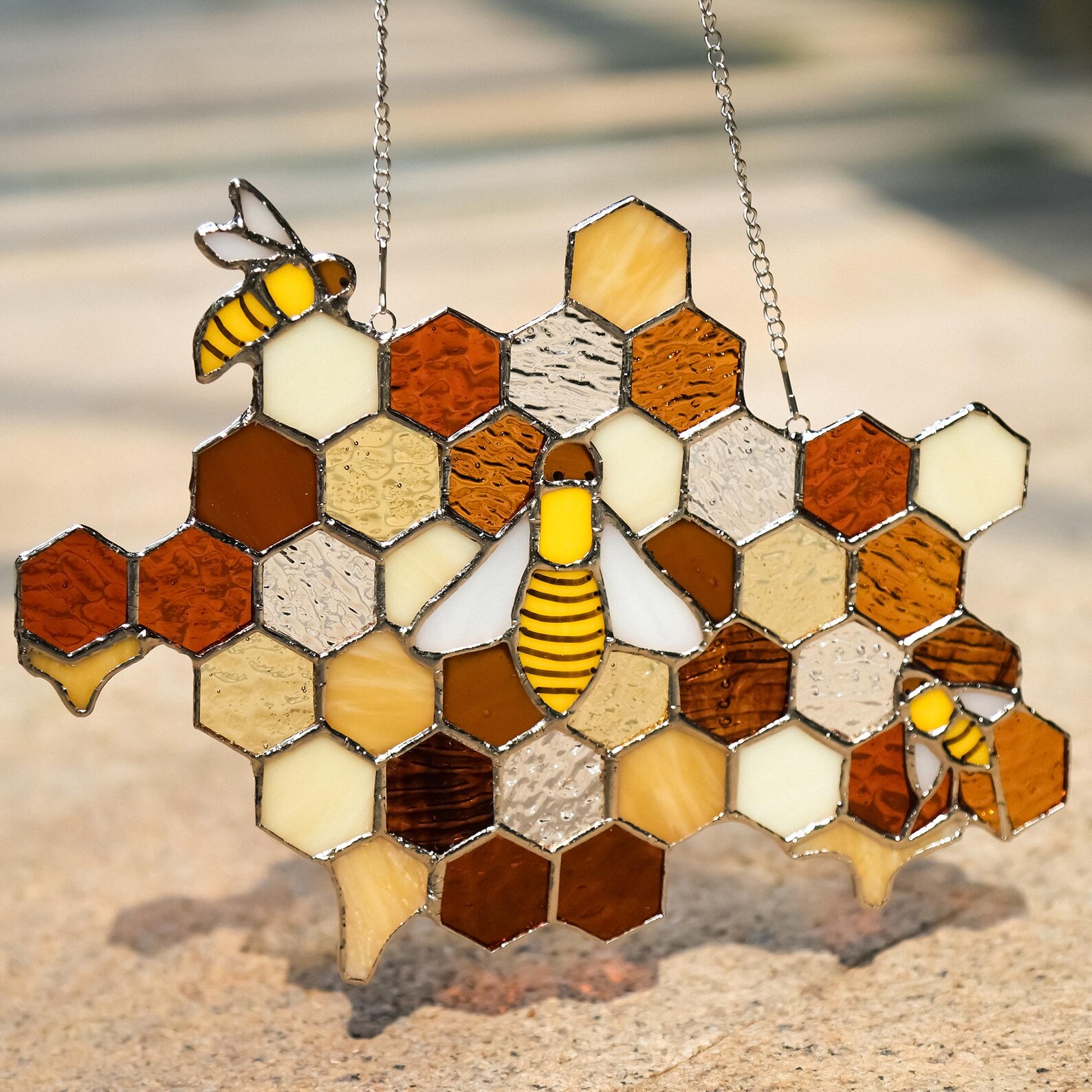Stained Glass Window Hanging,handmade Honeycomb Sun Catcher,glass Art ...