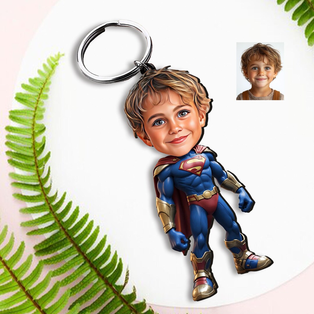 Custom Cartoon Keychain Superboy From Photo, Personalized Acrylic Key ...