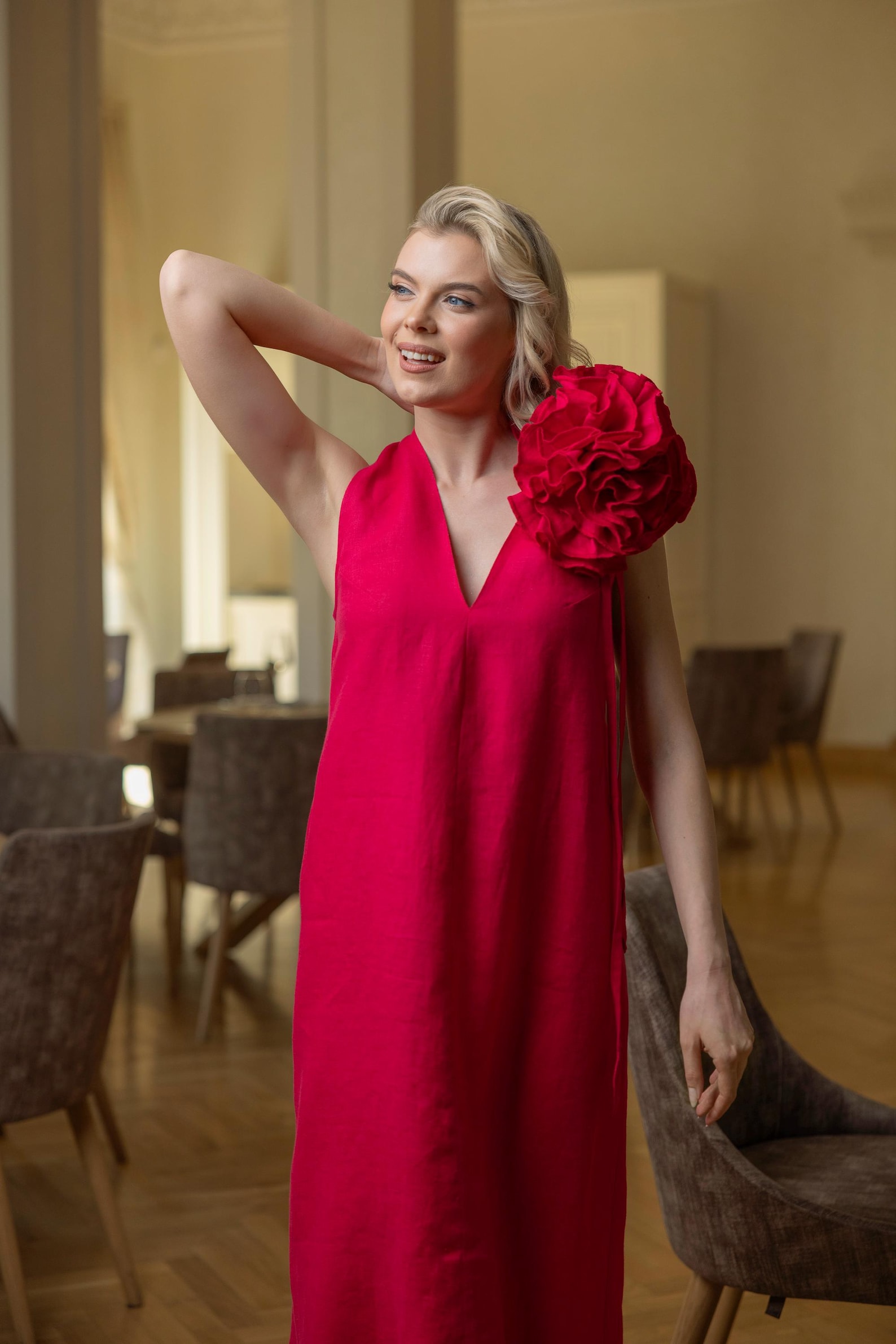 Linen Halter Midi Dress in Ruby Red | Open Back Summer Dress With Belt ...