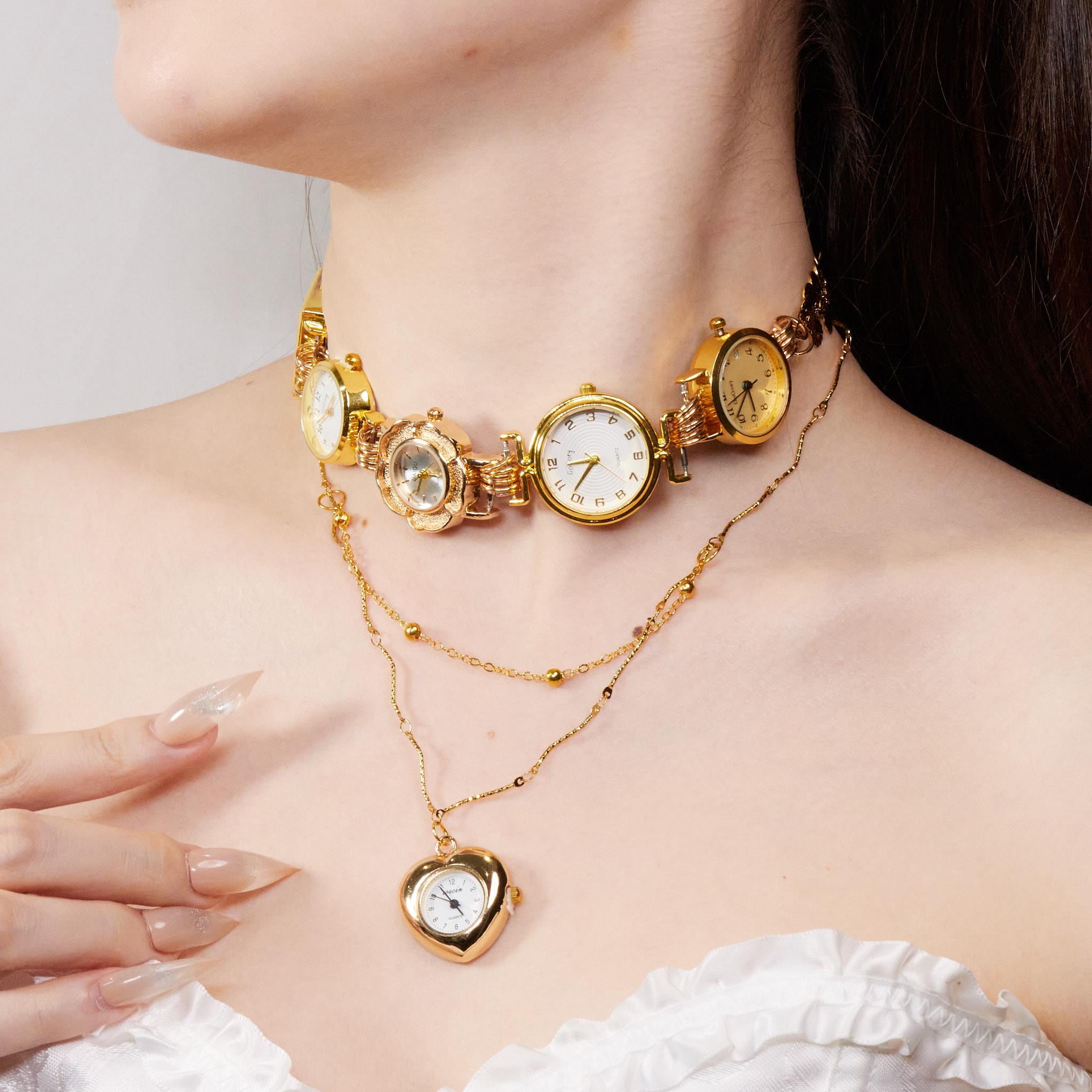 Vintage Gold Layered Necklace With 5 Clock Choker & Heart Timepiece ...