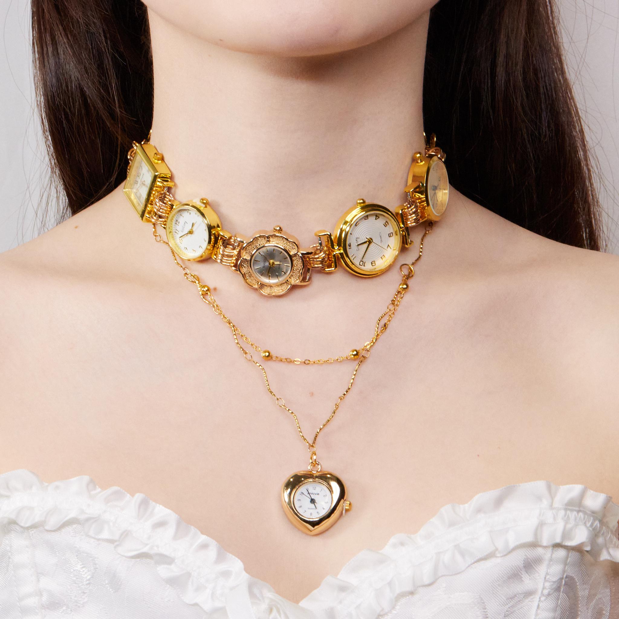 Vintage Gold Layered Necklace With 5 Clock Choker & Heart Timepiece ...