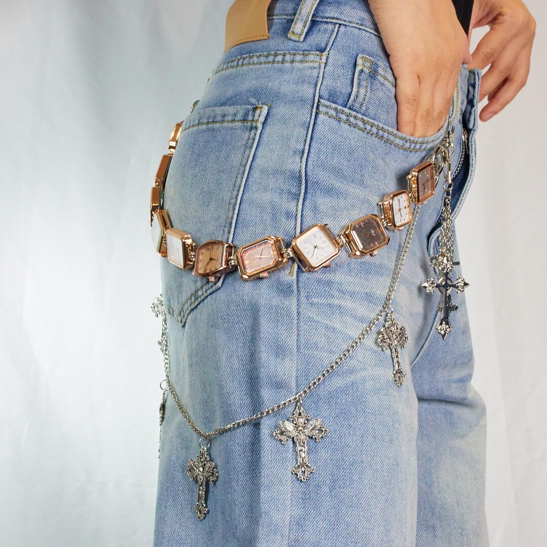 Vintage Steampunk Watch Chain Belt With Cross Charms, Rose Gold ...