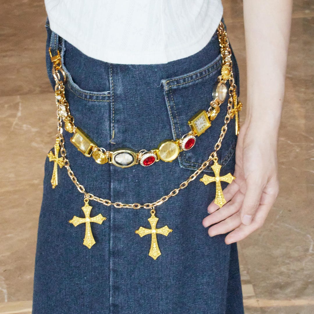 Gold Punk Watch Pants Chain, Vintage Waist Chain Belt With Red Gems ...