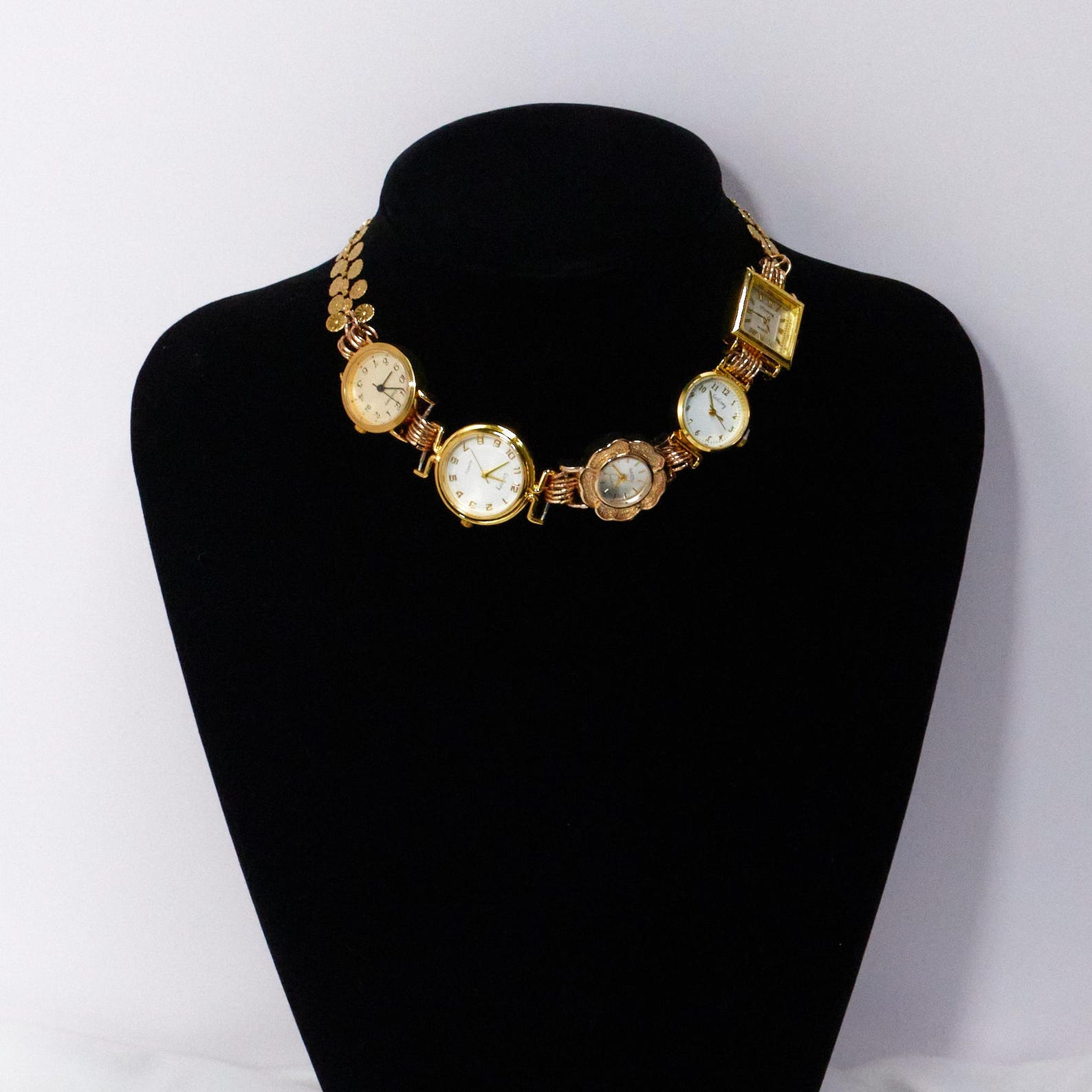 Vintage Gold Layered Necklace With 5 Clock Choker & Heart Timepiece ...