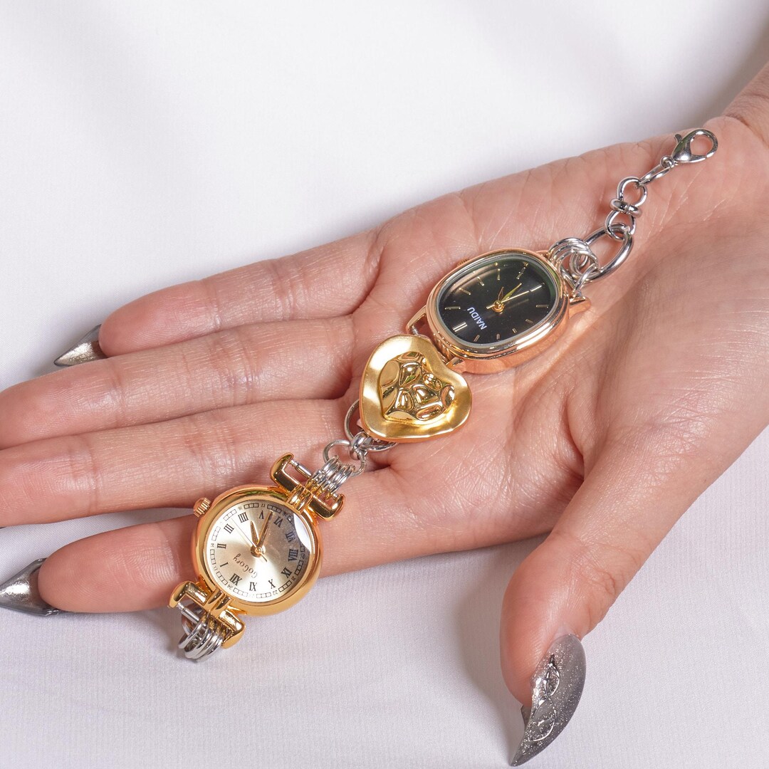 Punk Watch Bracelet With Gold Heart Charm, Mixed Metal Chain, Vintage ...