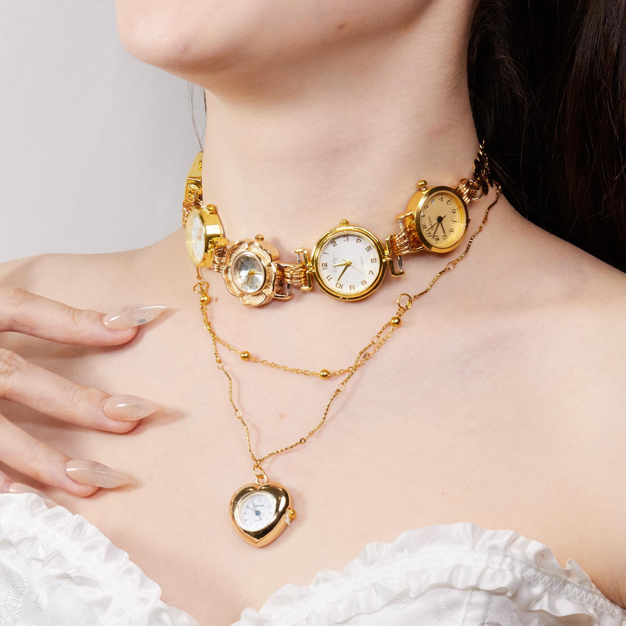 Vintage Gold Layered Necklace With 5 Clock Choker & Heart Timepiece ...