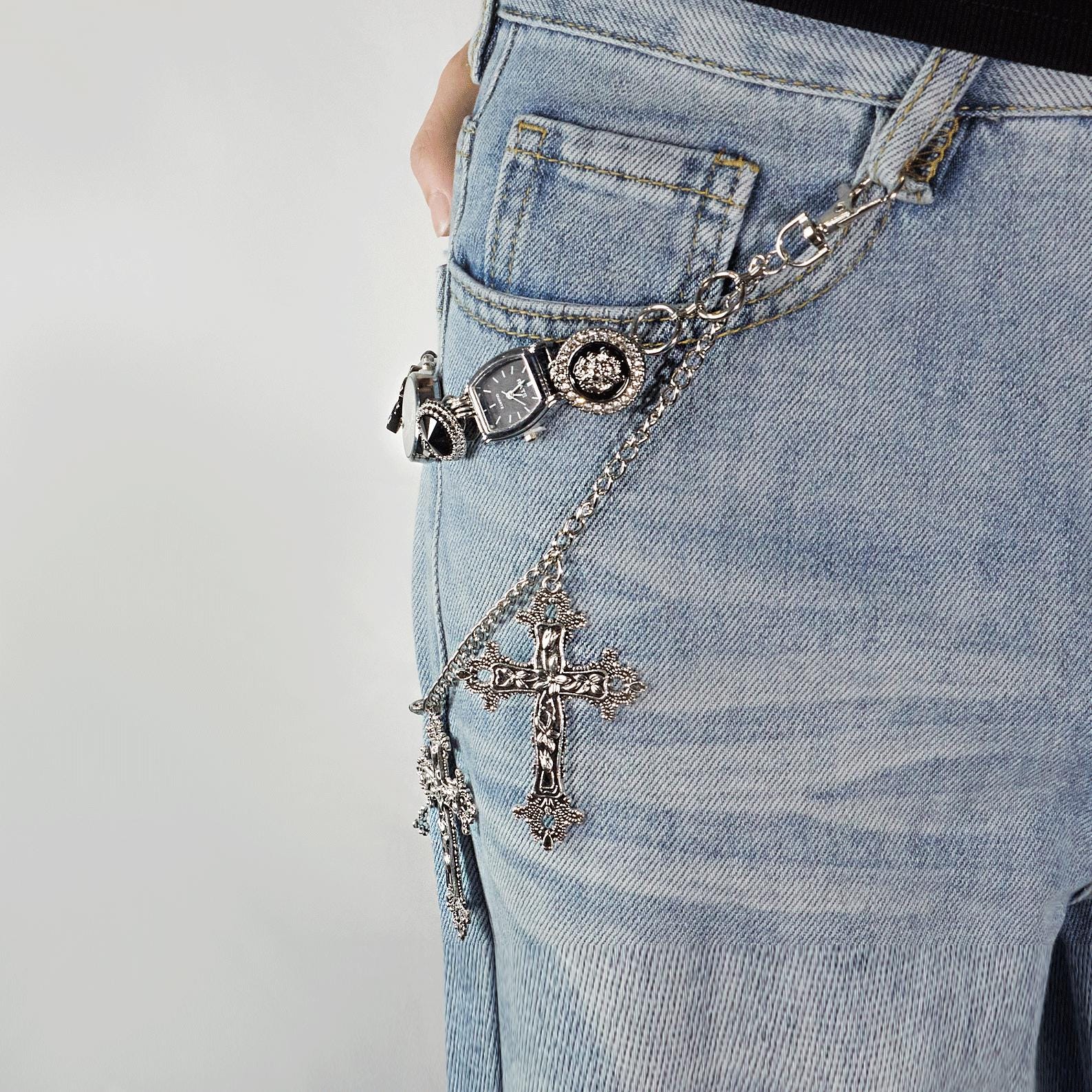 Black & White Vintage Steampunk Gothic Watch Pants Chain, Black Clock ...
