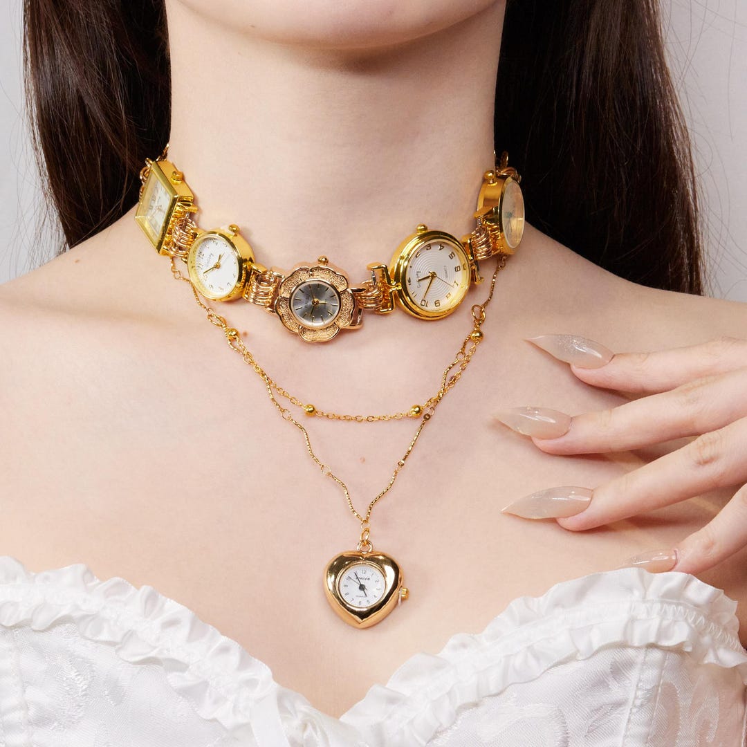 Vintage Gold Layered Necklace With 5 Clock Choker & Heart Timepiece ...