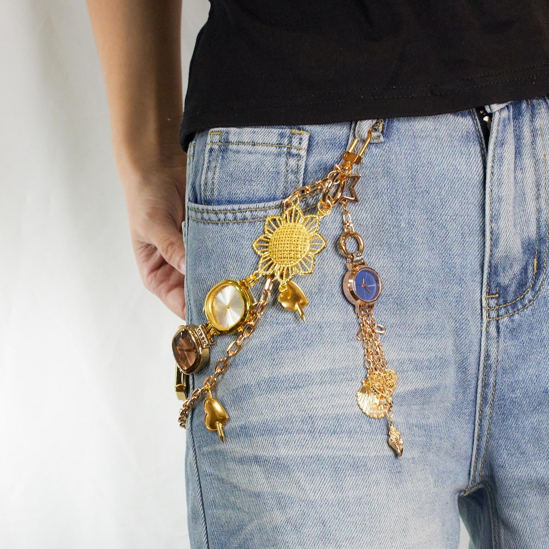 Upcycled Gold Watch Chain Belt With Sunflower & Heart Charms | Retro ...