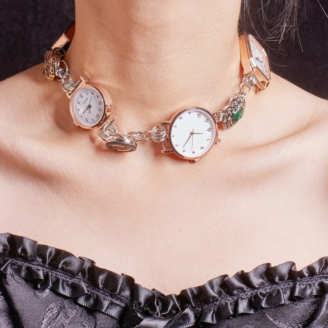 Steampunk Four Watch Necklace, Industrial Clock Choker, Adjustable ...