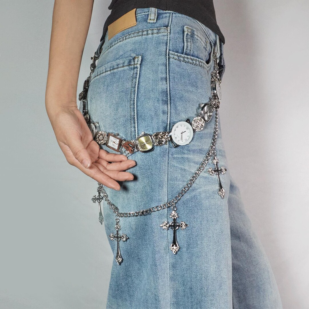 Vintage Steampunk Watch Pants Chain, Silver Clock Link Belt With Gothic ...