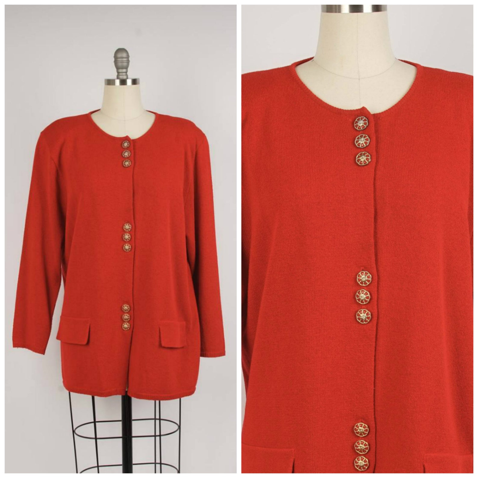 Dressy Red Cardigan With Gold Buttons Collarless Knit Jacket - Etsy ...