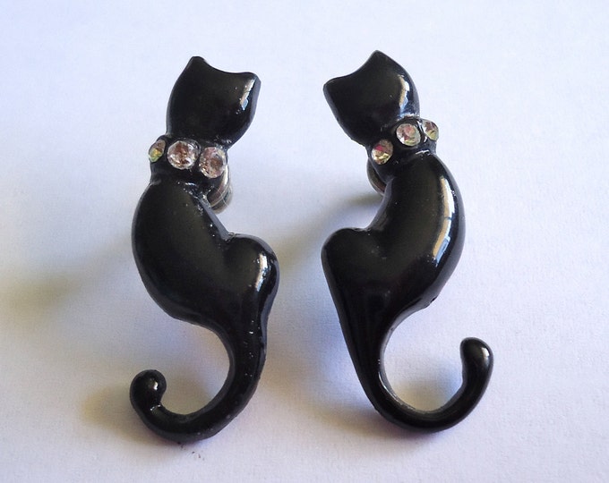 Vintage Black Cat Rhinestone Earrings - Etsy