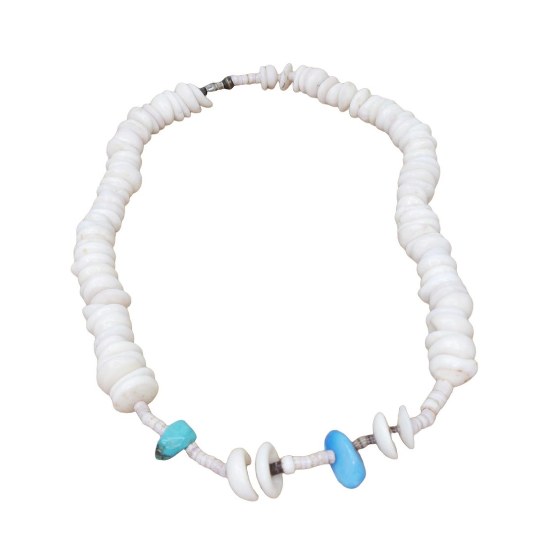 Genuine Natural White Puka Shell and Turquoise Necklace 22 Inches 70s ...