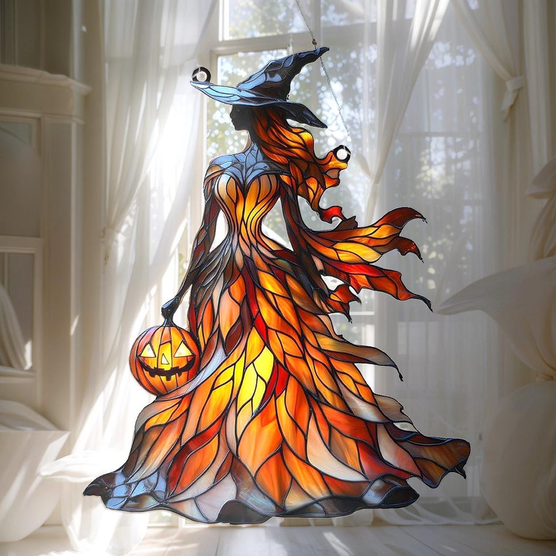 Halloween Witch Acrylic Suncatcher Window Hanging With Pumpkin Spooky ...