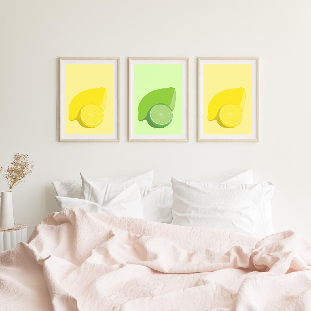 Lemon and Lime Wall Art Set | Bright Fruit Kitchen Decor | Citrus ...
