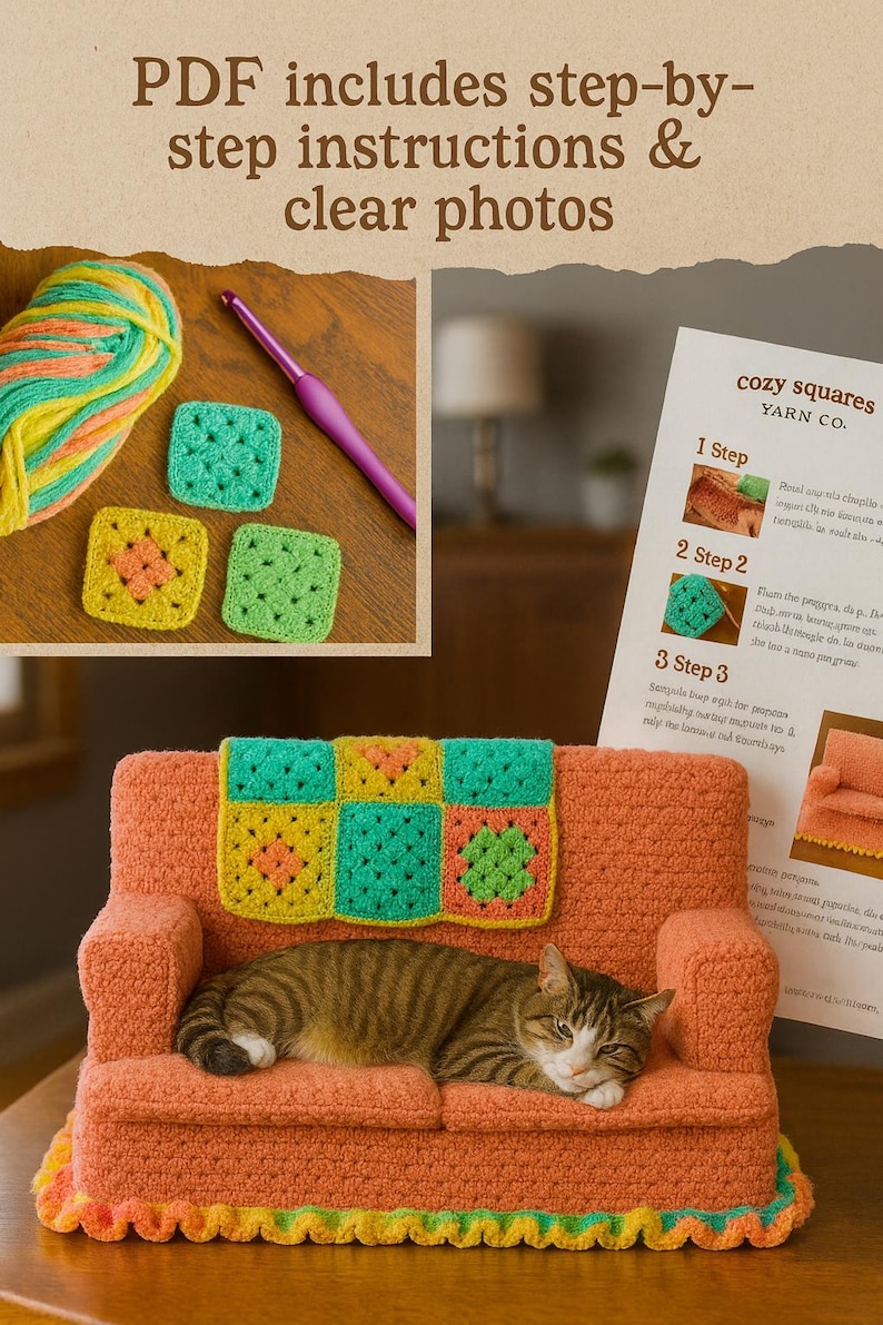 Crochet Cat Sofa Pattern: Amigurumi Granny Square Couch (PDF Download ...