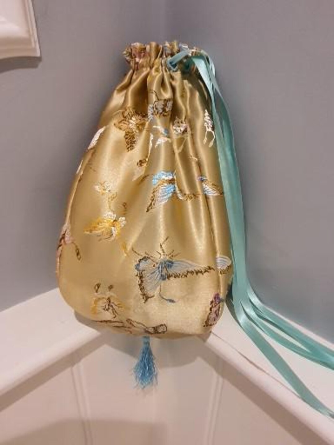 Pretty Regency Style Reticule in Gold / Multi-colour Butterfly Brocade ...