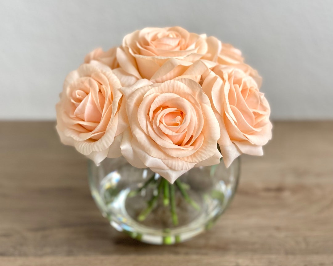 Real Touch Rose Flower Arrangement. Peach Roses in Clear Faux Water ...