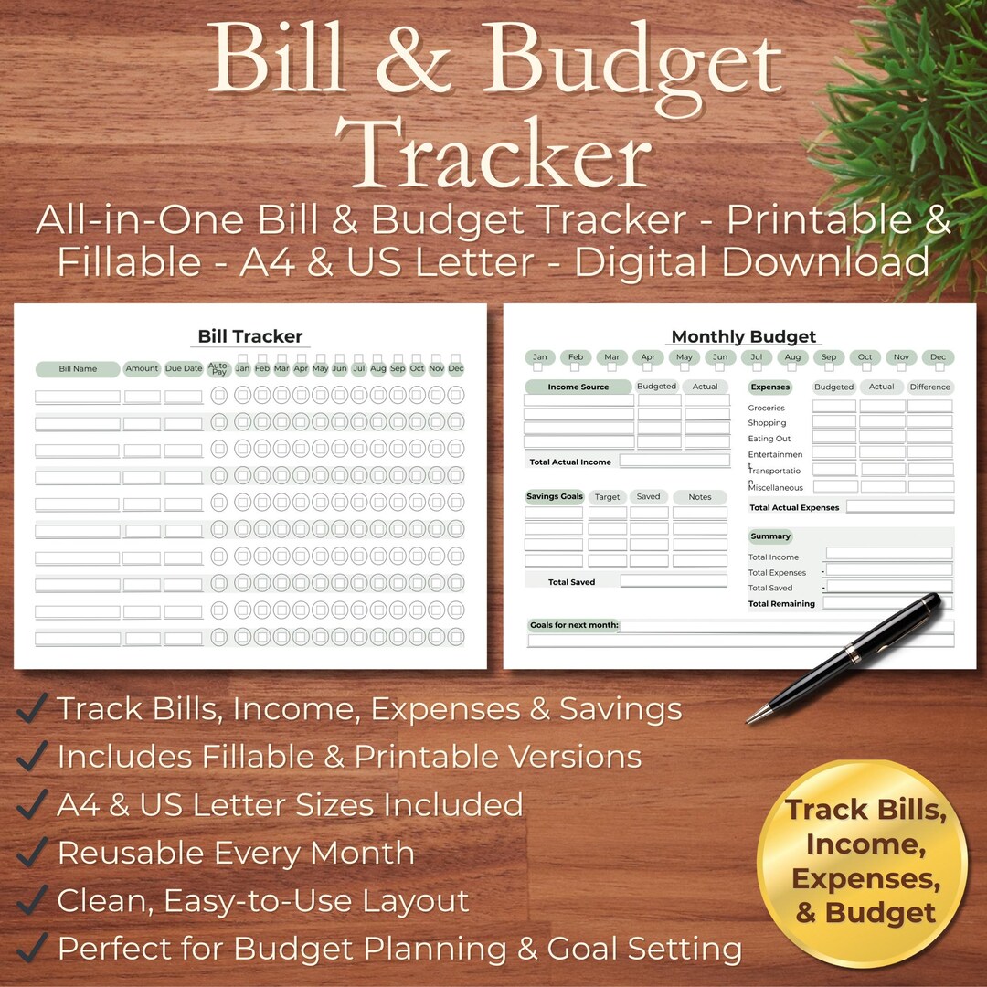 Bill and Budget Tracker Printable and Fillable Digital Download A4 and ...
