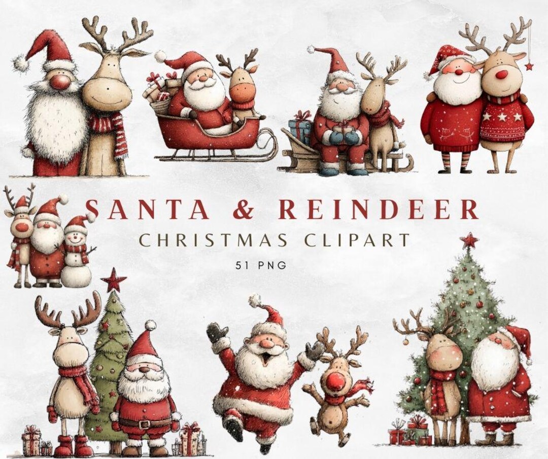 Christmas Santa & Reindeer Clipart, Whimsical Festive Graphics ...