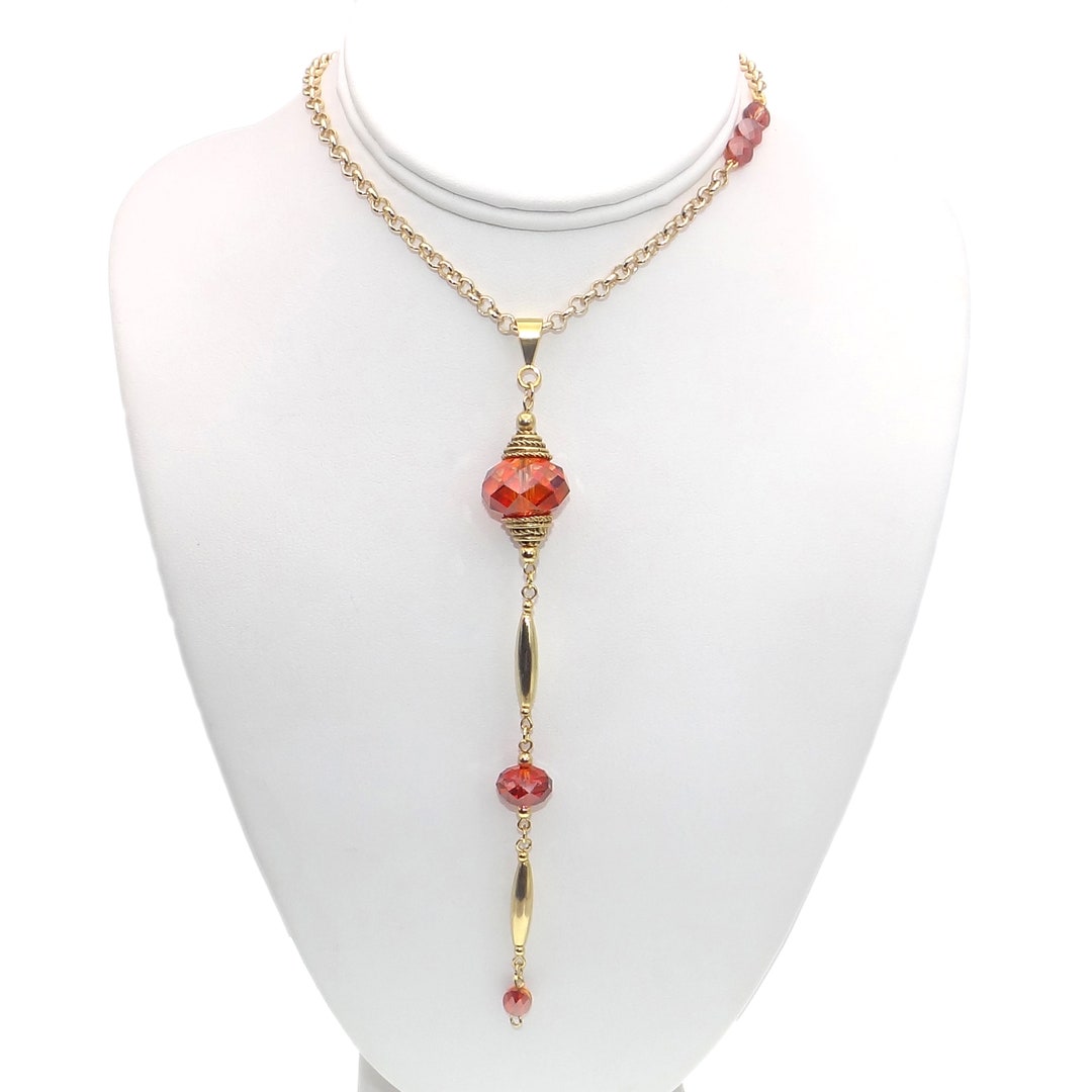 Crystal Red Magma Extra Long Crystal Pendant on Slider Bail Gold Rolo ...