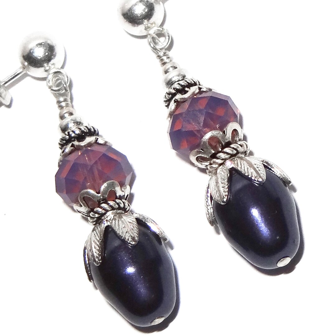 Dark Purple Pear-shaped Pearls and Cyclamen Opal Briolettes on Sterling ...