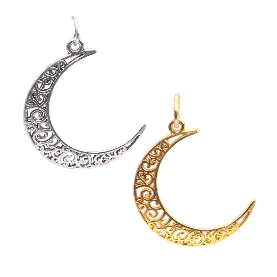 Filigree Crescent Moon Pendant in Silver or Gold, Lunar - Etsy