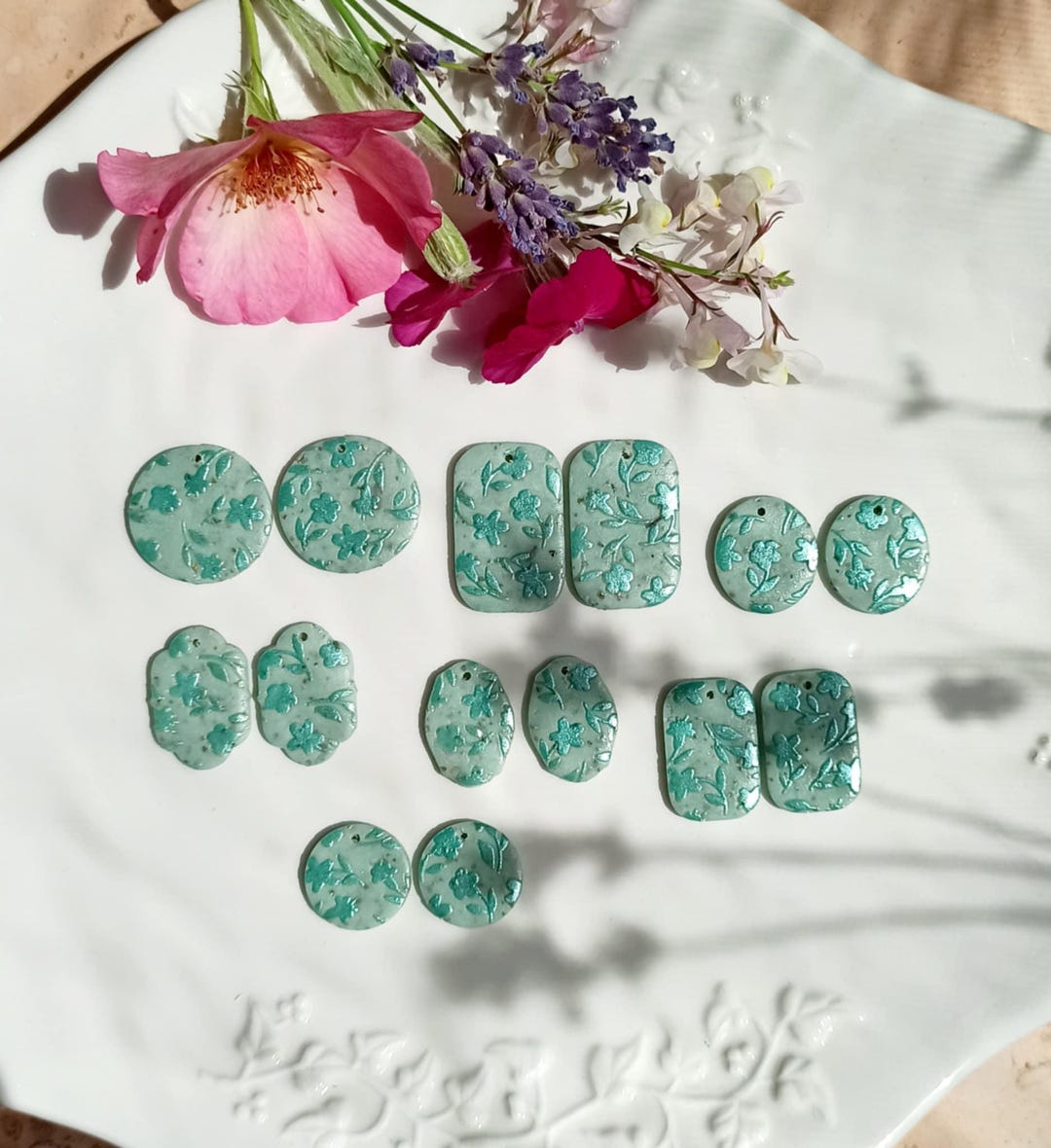 Handmade Polymer Clay Components - Aqua Green Plates With Iris ...