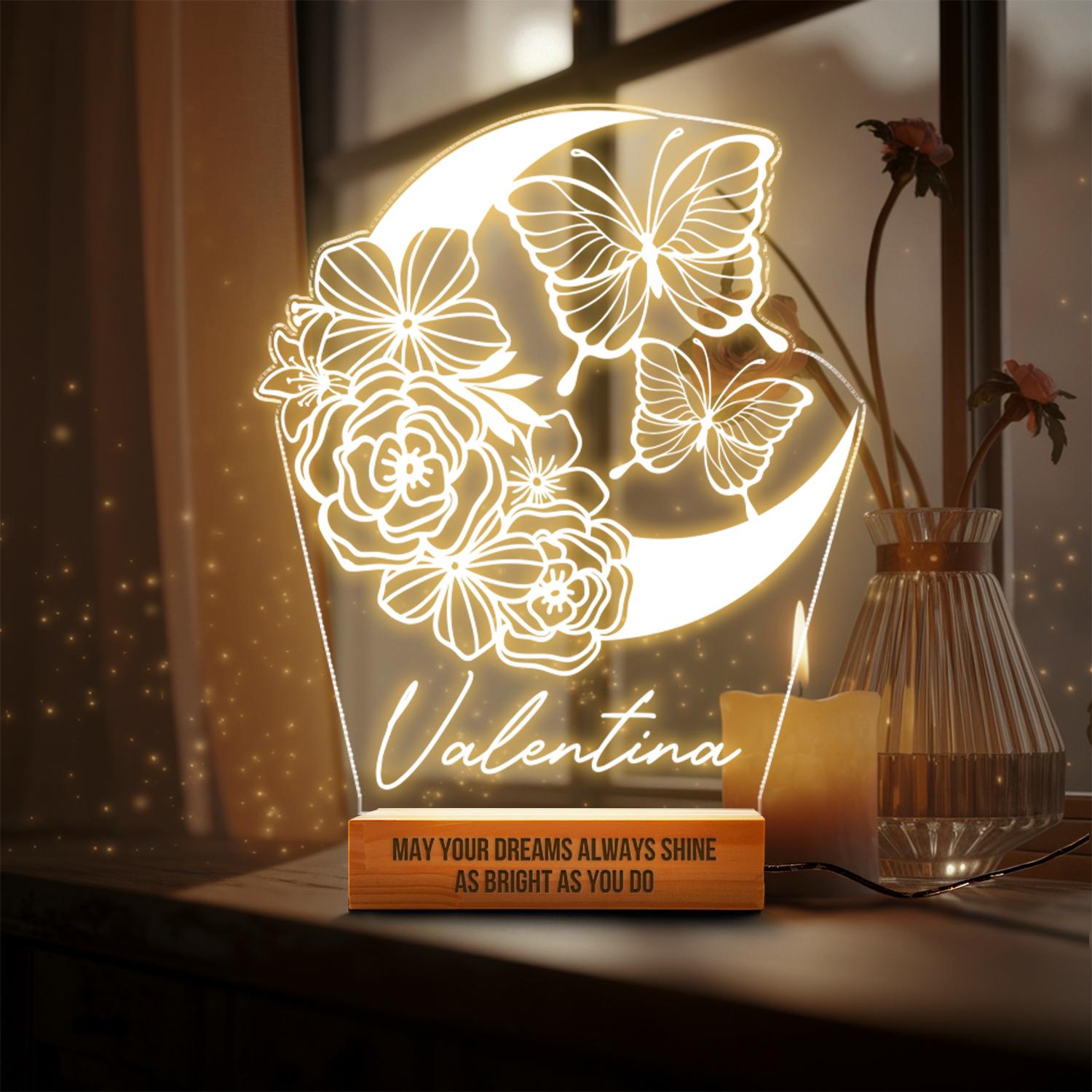 Personalized Butterflies and Moon Flower Led Night Light, Kid Room ...