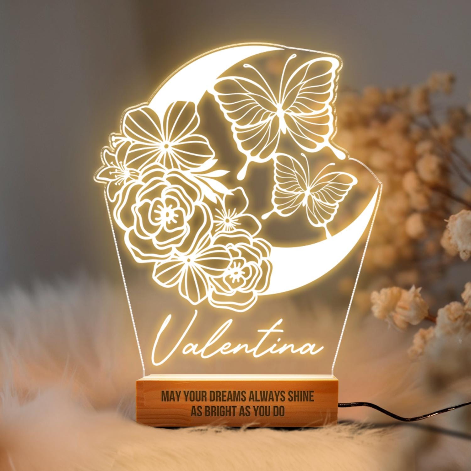 Personalized Butterflies and Moon Flower Led Night Light, Kid Room ...