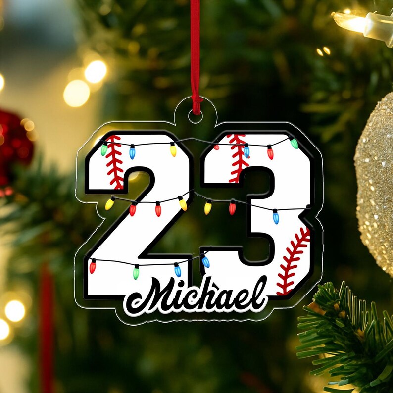 Personalized Christmas Light Baseball Number Acrylic Ornament – Custom ...