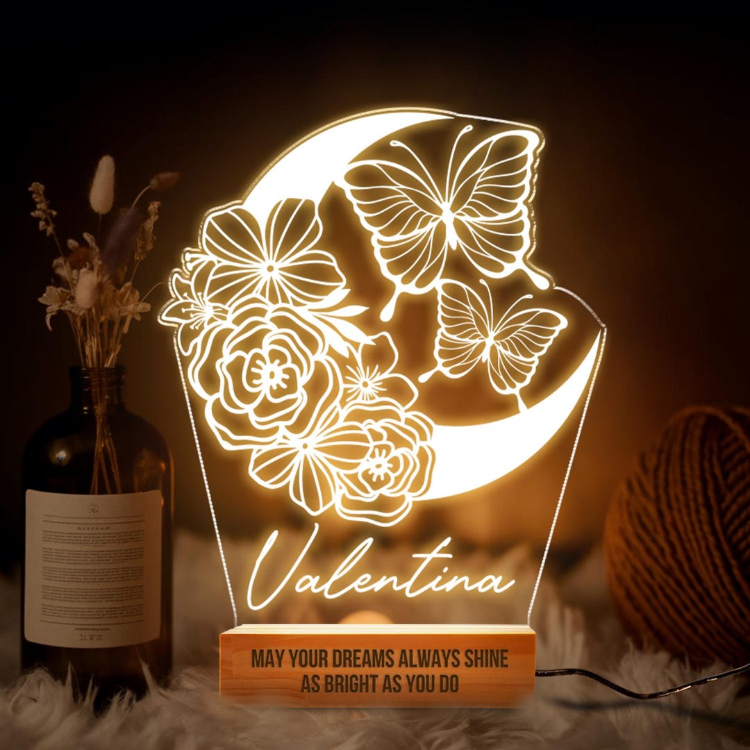 Personalized Butterflies and Moon Flower Led Night Light, Kid Room ...