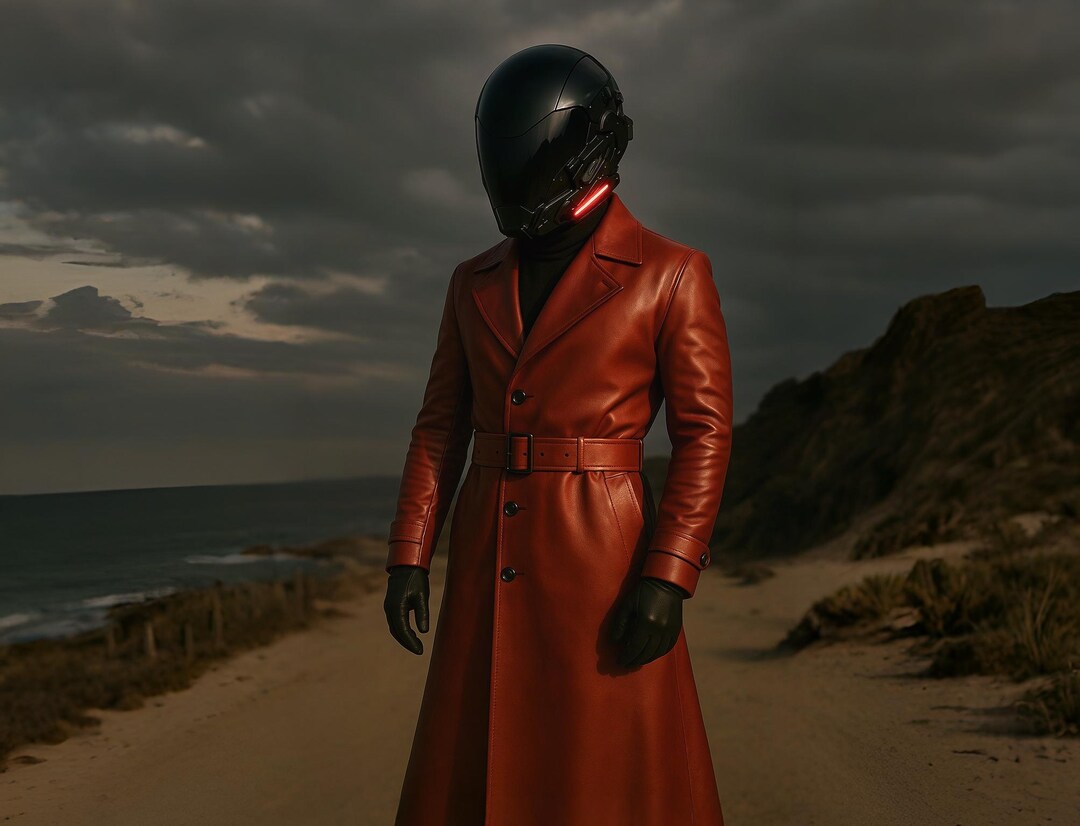 Cyberpunk Leather Trench Coat & Tactical Helmet Set | Red Full-length ...
