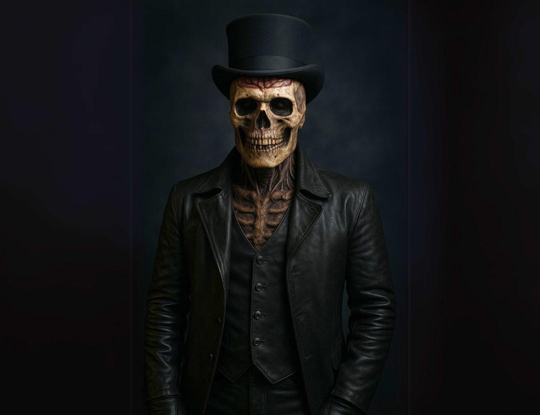 Skeleton Skull Mask With Black Leather Coat & Vest Set | Realistic ...