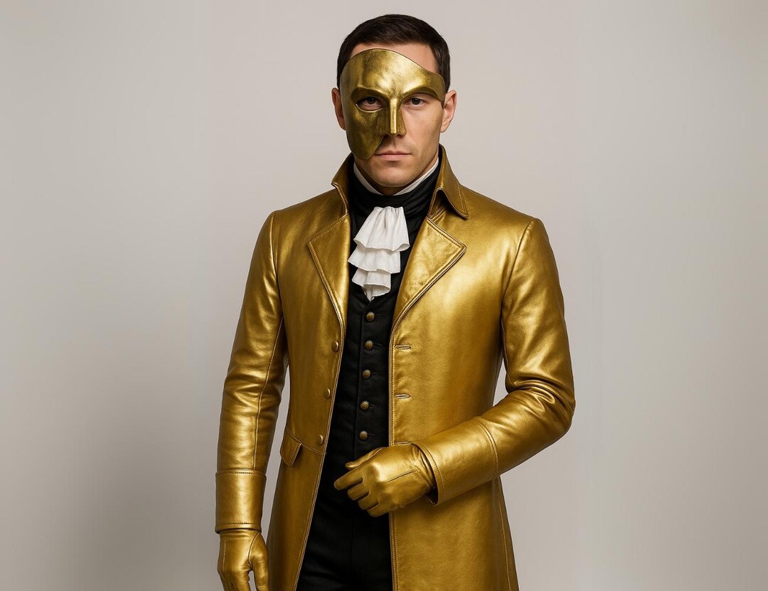 Gold Masquerade Costume for Men – Leather Coat & Metallic Half Mask ...