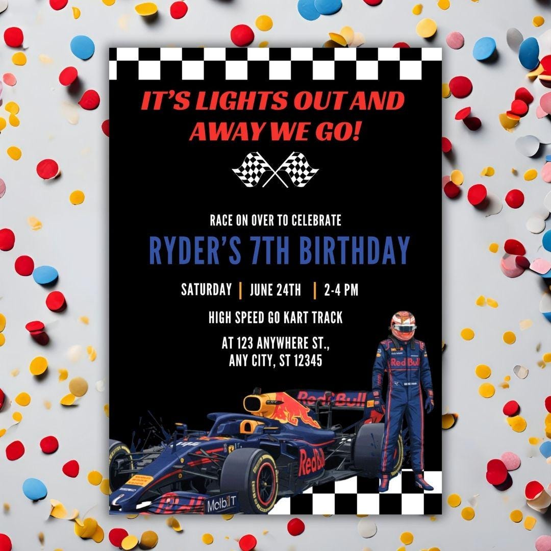 Formula 1 Red Bull Themed Birthday Invitation | Racing Party Template ...