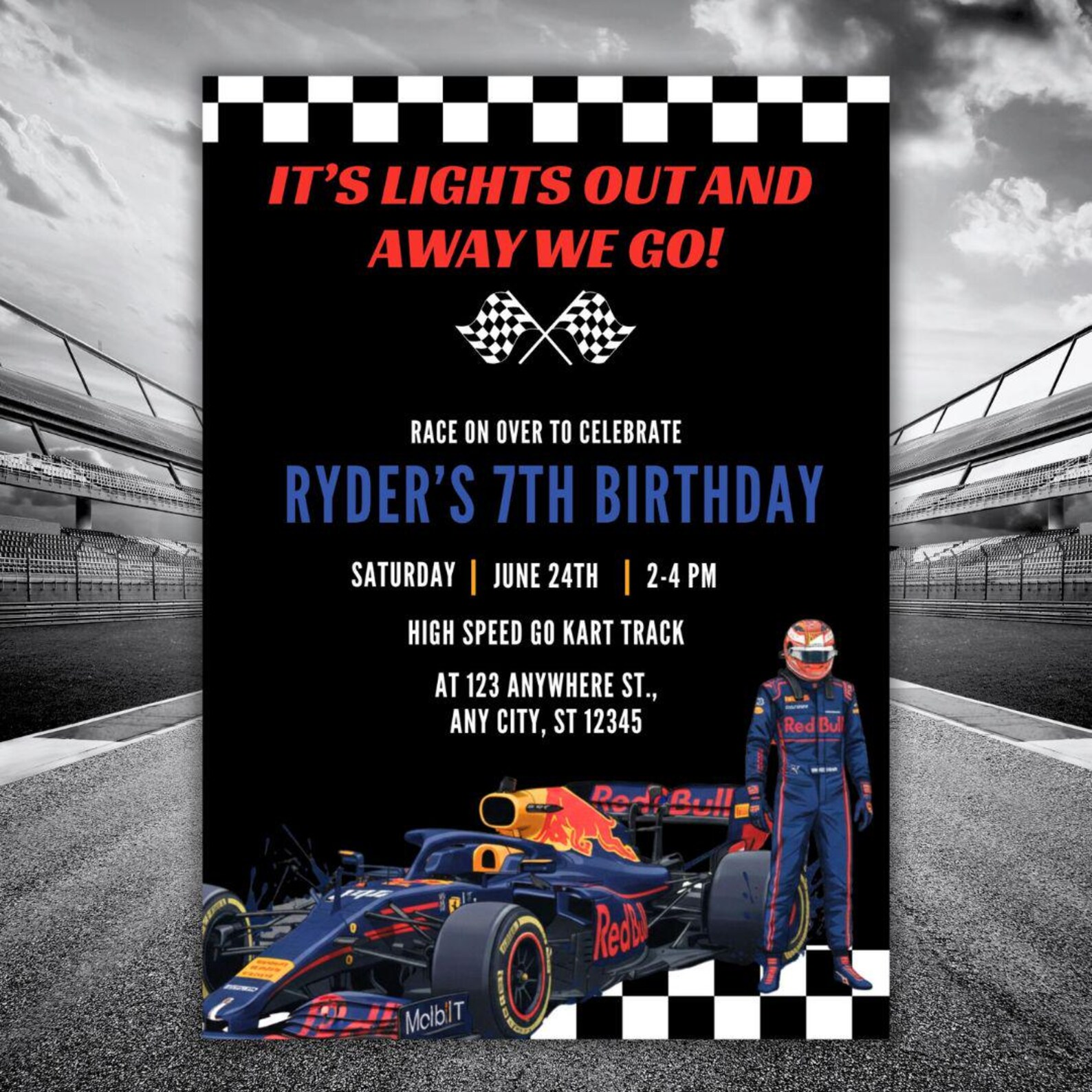 Formula 1 Red Bull Themed Birthday Invitation | Racing Party Template ...