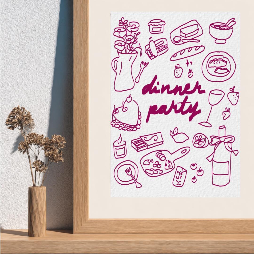 Dinner Party Line Art, Food Sketch Illustration, Modern Kitchen Decor ...