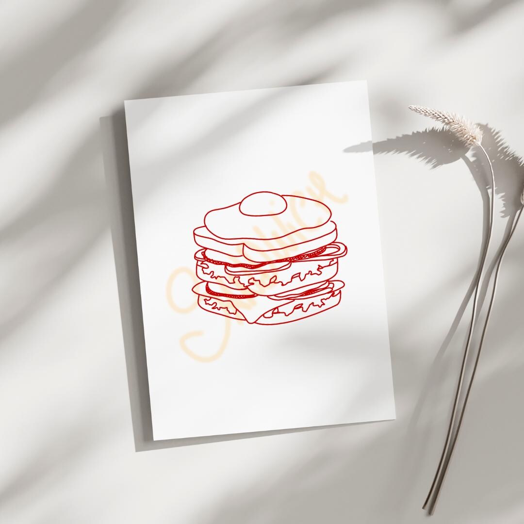 Minimalist Sandwich Line Art Print ,A4 Food Illustration With Egg and ...