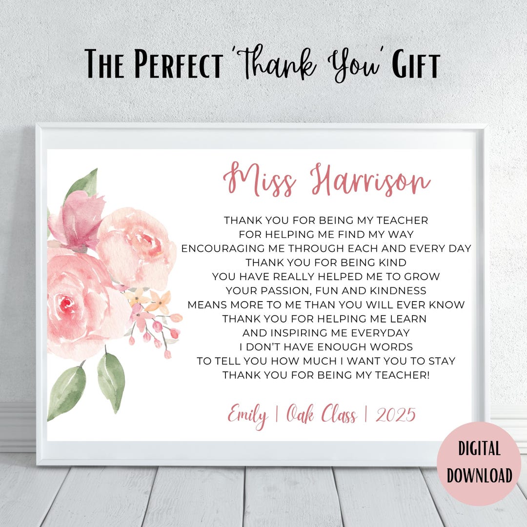 Personalized Teacher Thank You Poem Gift (digital Download) - Etsy