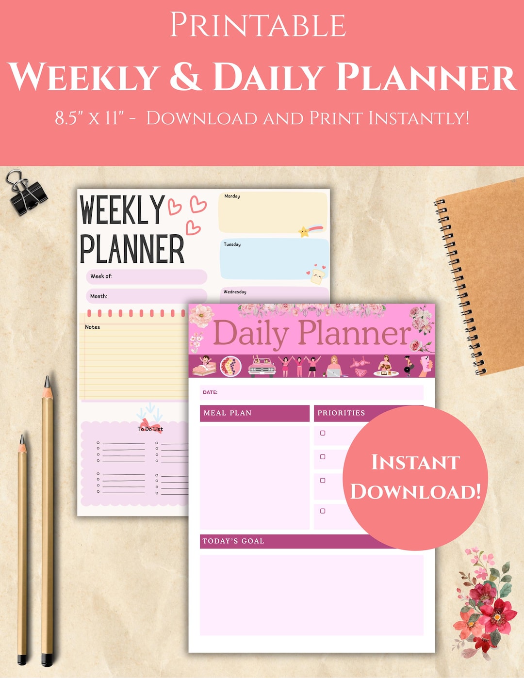 Printable Weekly & Daily Planner | 2-page Layout | Instant Download ...