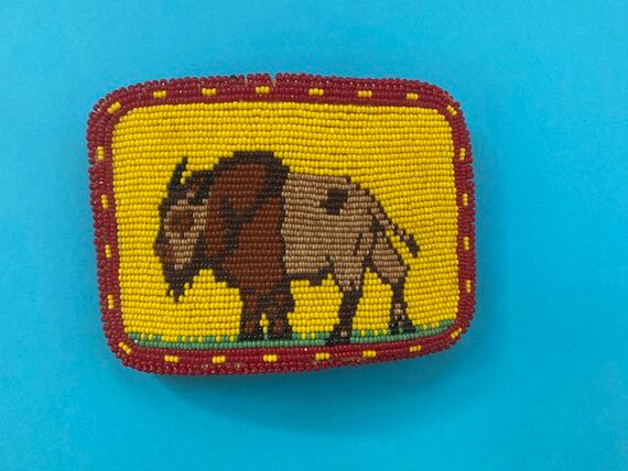 Native American Pictorial Beaded Buckle Bison Buffalo - Gem