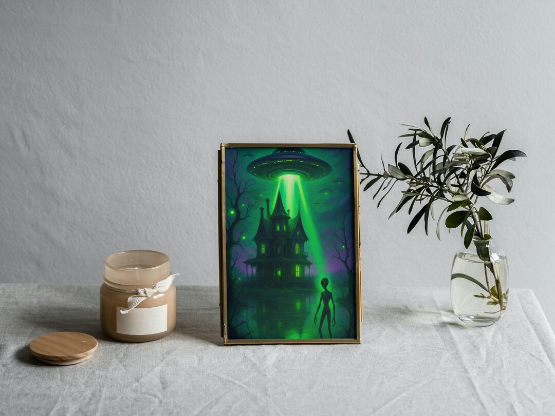 Haunted House Alien UFO Poster: Gothic Halloween Sci-fi Art (digital ...