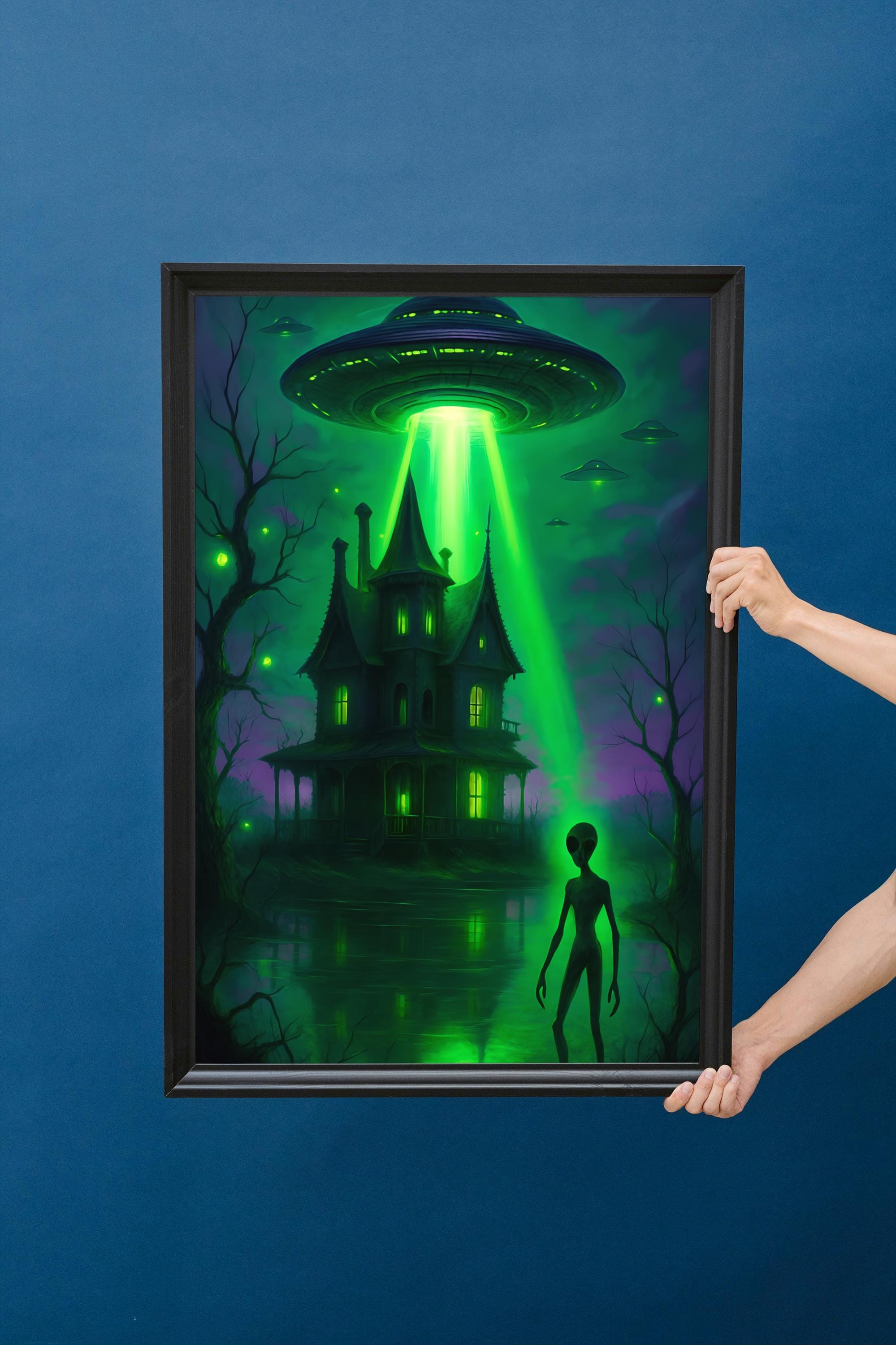 Haunted House Alien UFO Poster: Gothic Halloween Sci-fi Art (digital ...