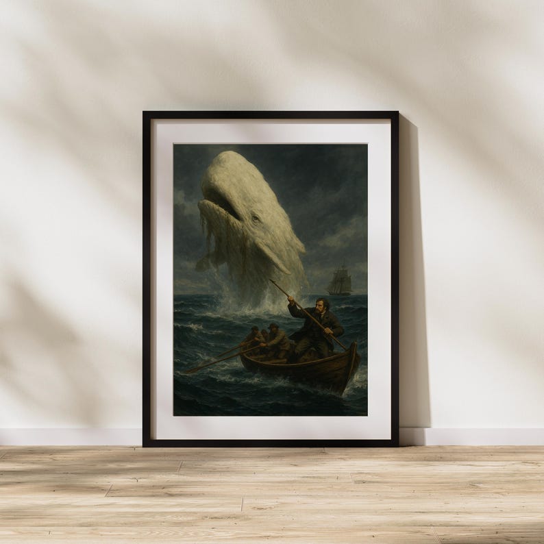 Moby Dick Whale Attack Wall Art Print – Ahab Rowboat Scene – Nautical ...
